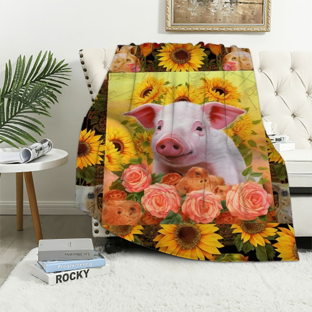 ARISTURING Cute Pig Throw Blanket, 320GSM Flannel Sunflower Blankets ...