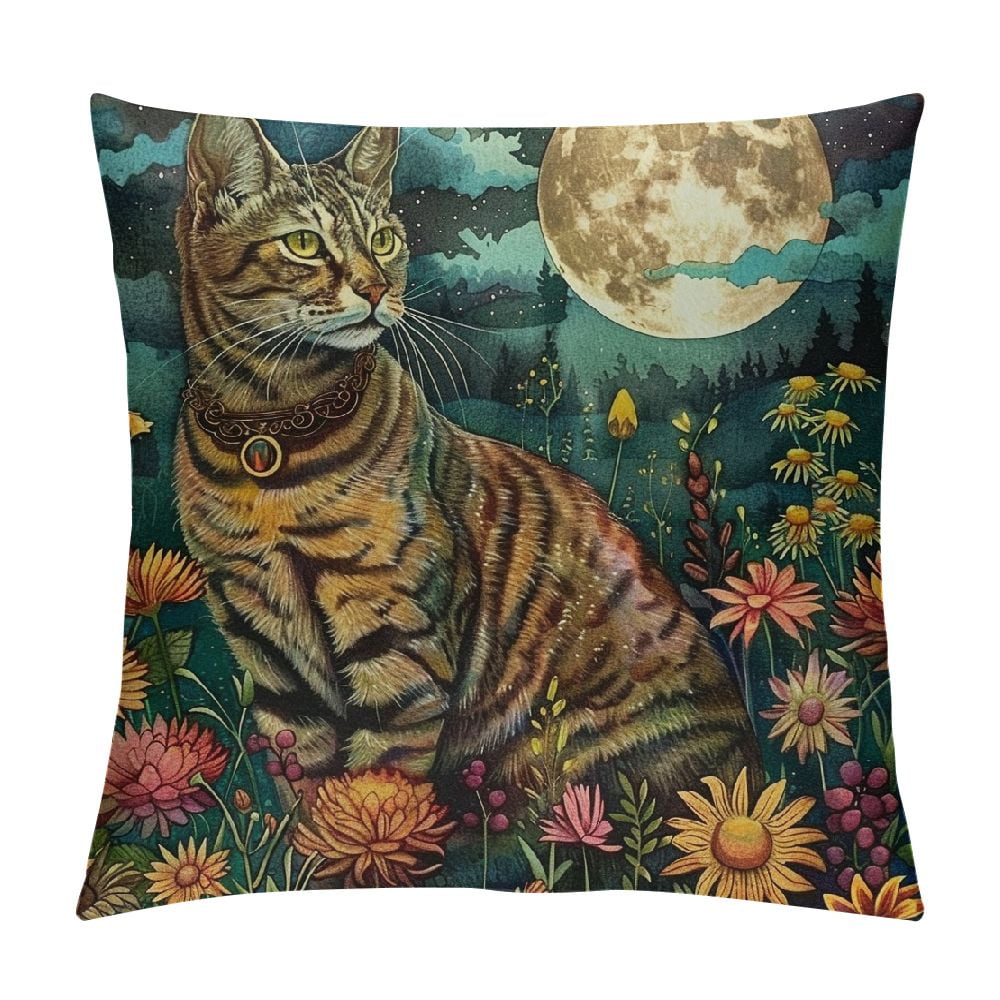 ARISTURING Cute cat Throw Pillow Covers Moon Flower Garden Animal ...