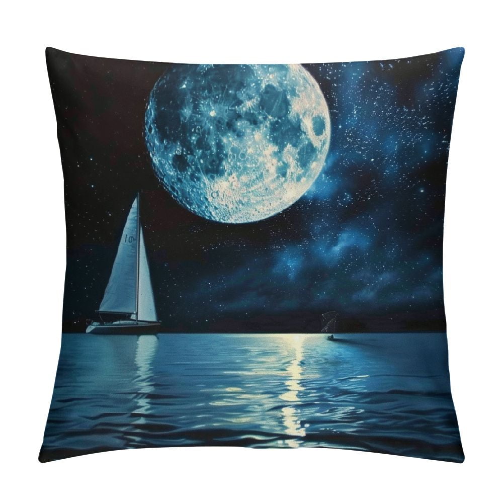 ARISTURING Decorative Throw Pillow Covers Starry Sky Sea Moonlight Moon Sailboat Square Pillow ...