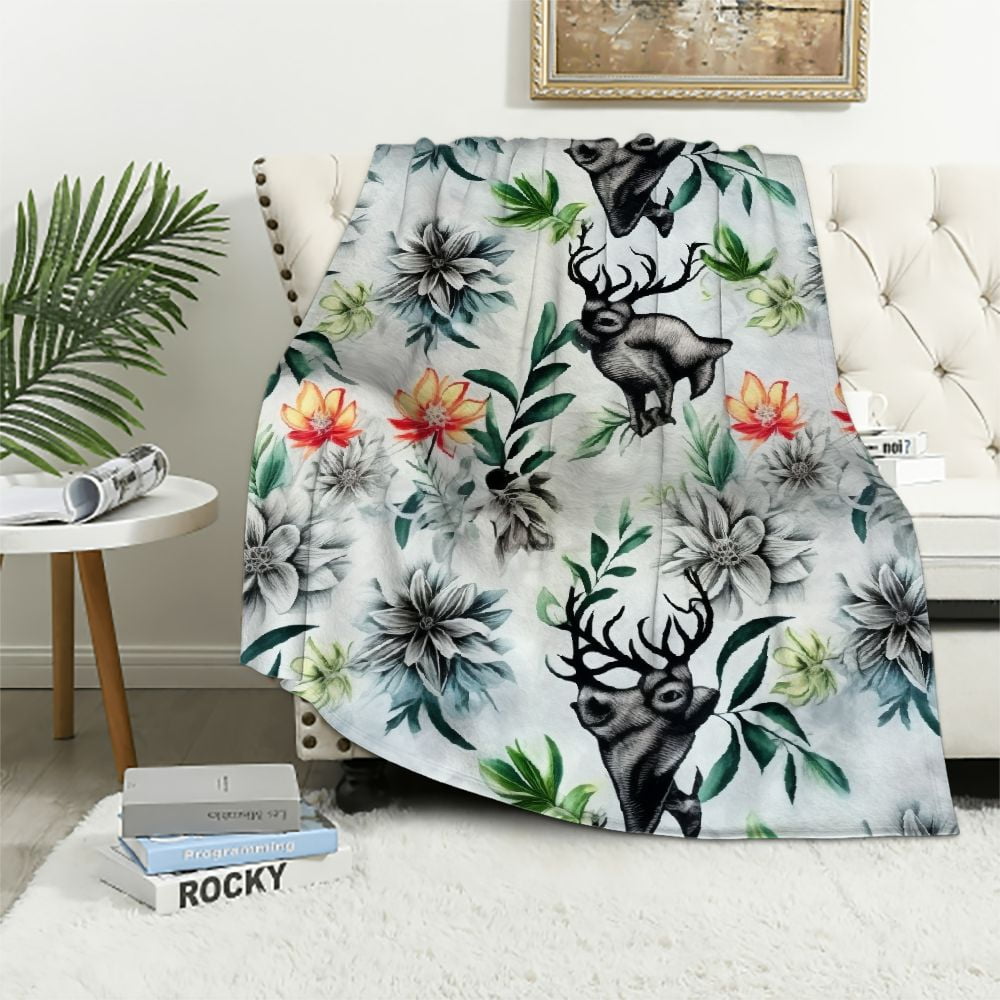 HENGT Deer Print Throw Blanket Botanical Floral Blanket Super Soft ...