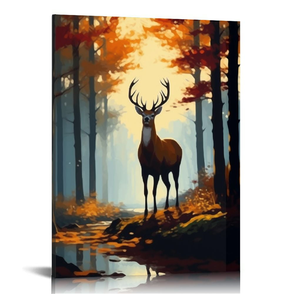ARISTURING Deer Wall Art Framed Deer in Forest Pictures Canvas Wall Art ...
