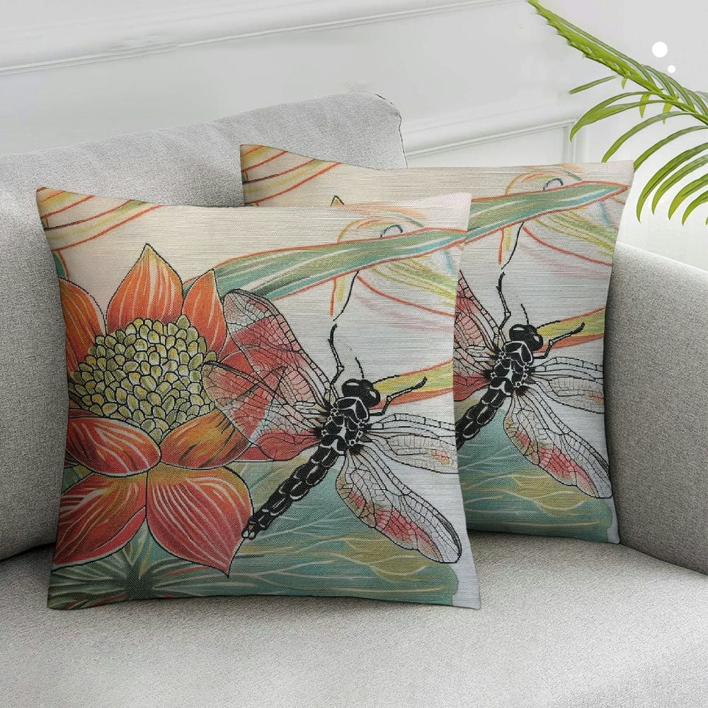 HENGT Dragonfly Throw Pillow Cushion Cover, Lotus Flower Field with ...