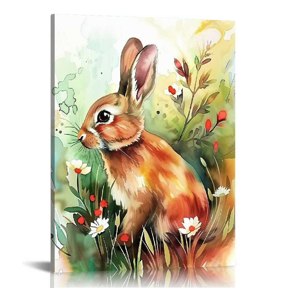 Jiayy Easter Wall Art Canvas Painting Watercolor Bunny With Flowers ...