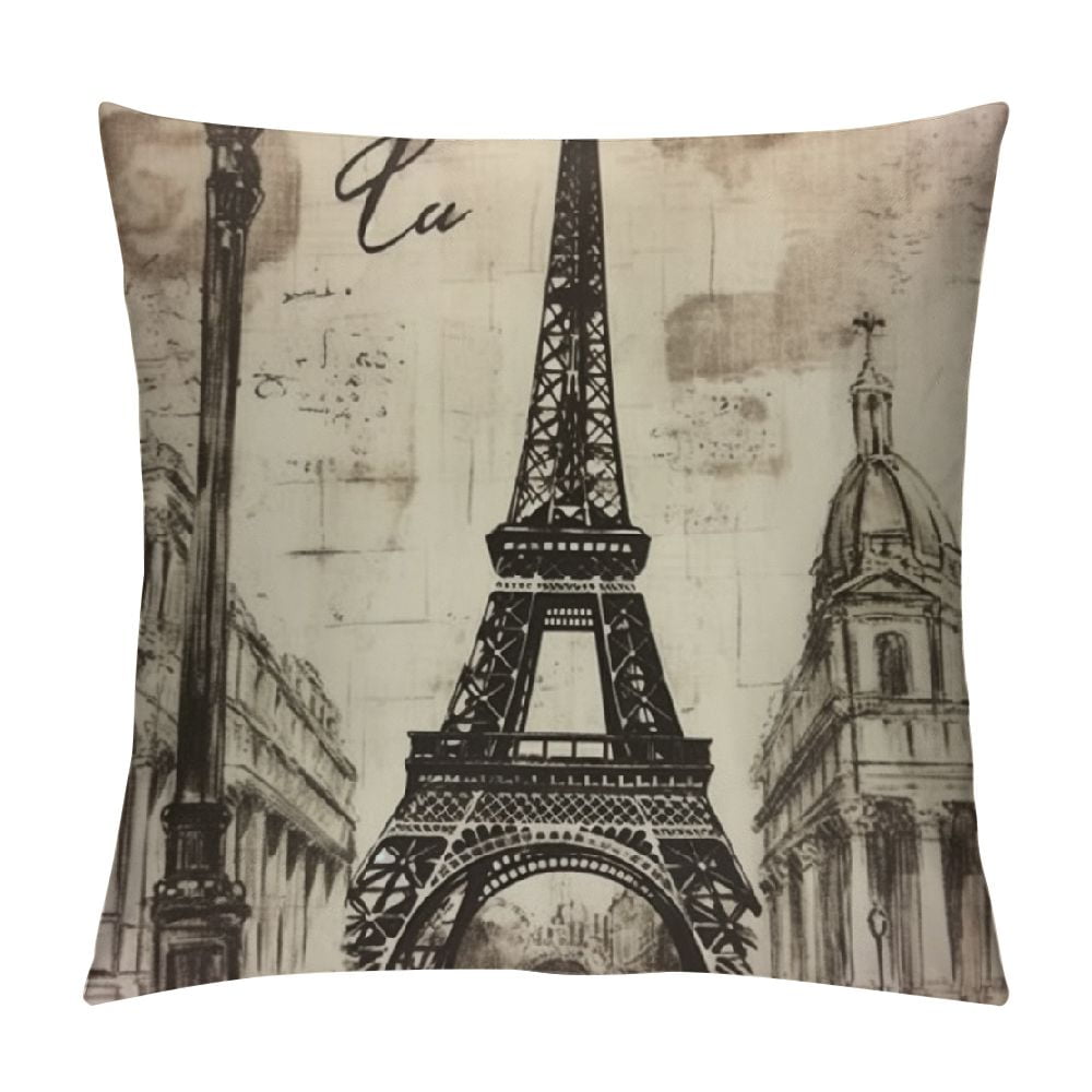 ARISTURING Eiffel Tower Throw Pillow Cover French Sketch Monochrome ...