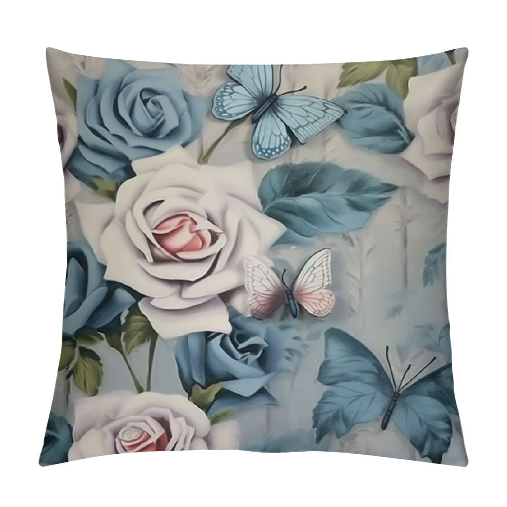 ARISTURING Elegant Blue Rose Pillowcases, Spring Floral Teal Butterfly ...