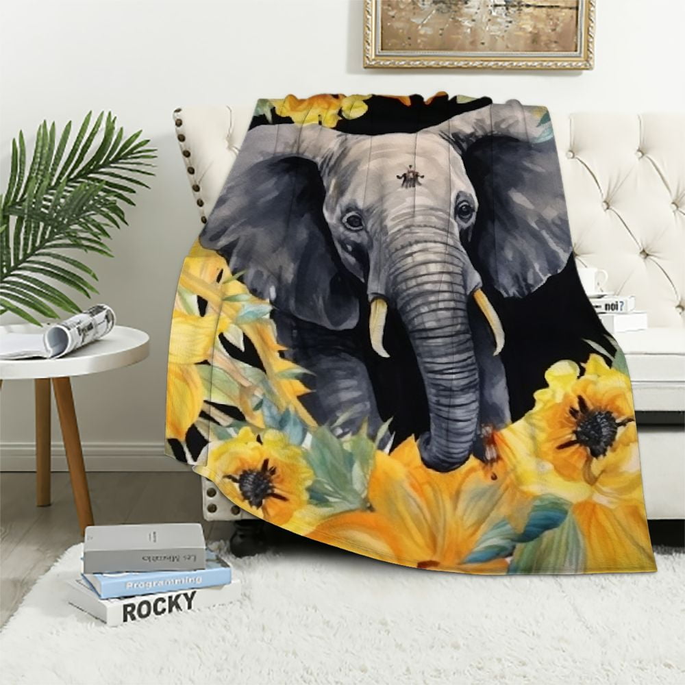 ARISTURING Elephant Sherpa Blanket, Yellow Sunflower Throw Blanket ...