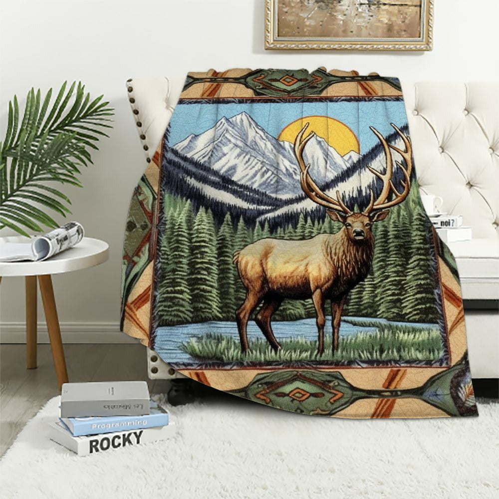 ARISTURING Elk Lodge Blanket - Wildlife Cabin Gift Throw Woven from ...