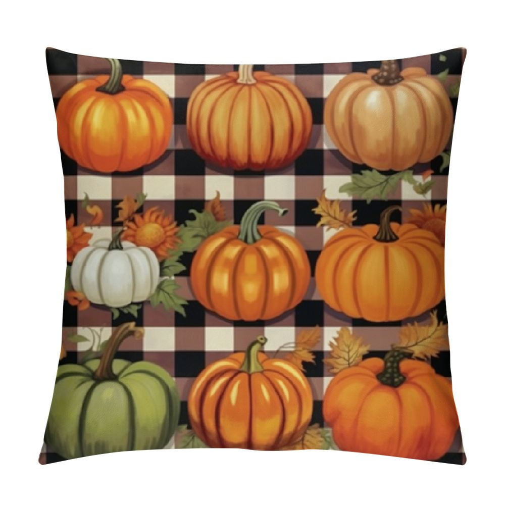 HENGT Fall Buffalo Plaid Pumpkin Maple Leaves Pillow Covers Decorations ...