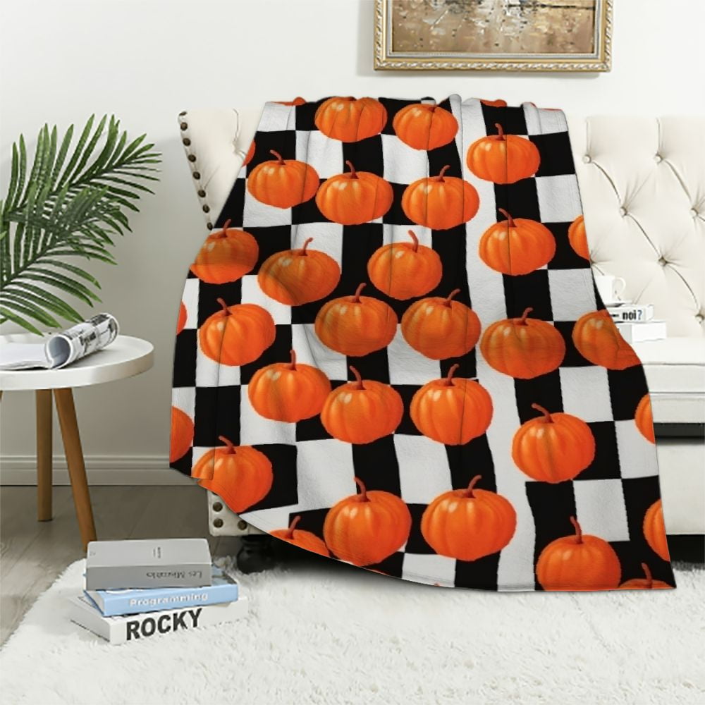 ARISTURING Fall Orange Pumpkins Throw Blanket Black White Buffalo Plaid ...