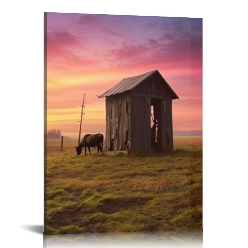 ARISTURING Farmhouse Sunset Canvas Wall Art Grazing Cow Picture Artwork ...