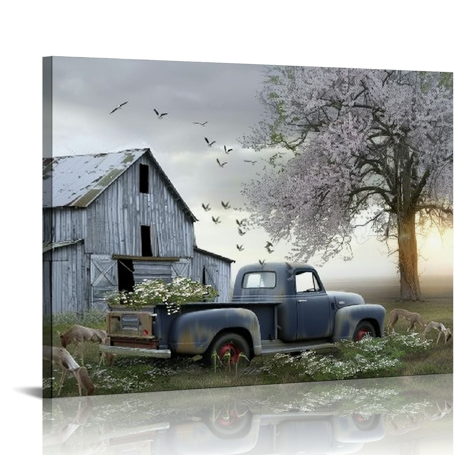 ARISTURING Farmhouse Truck Flowers Canvas Wall Art - Barn Old Car and ...
