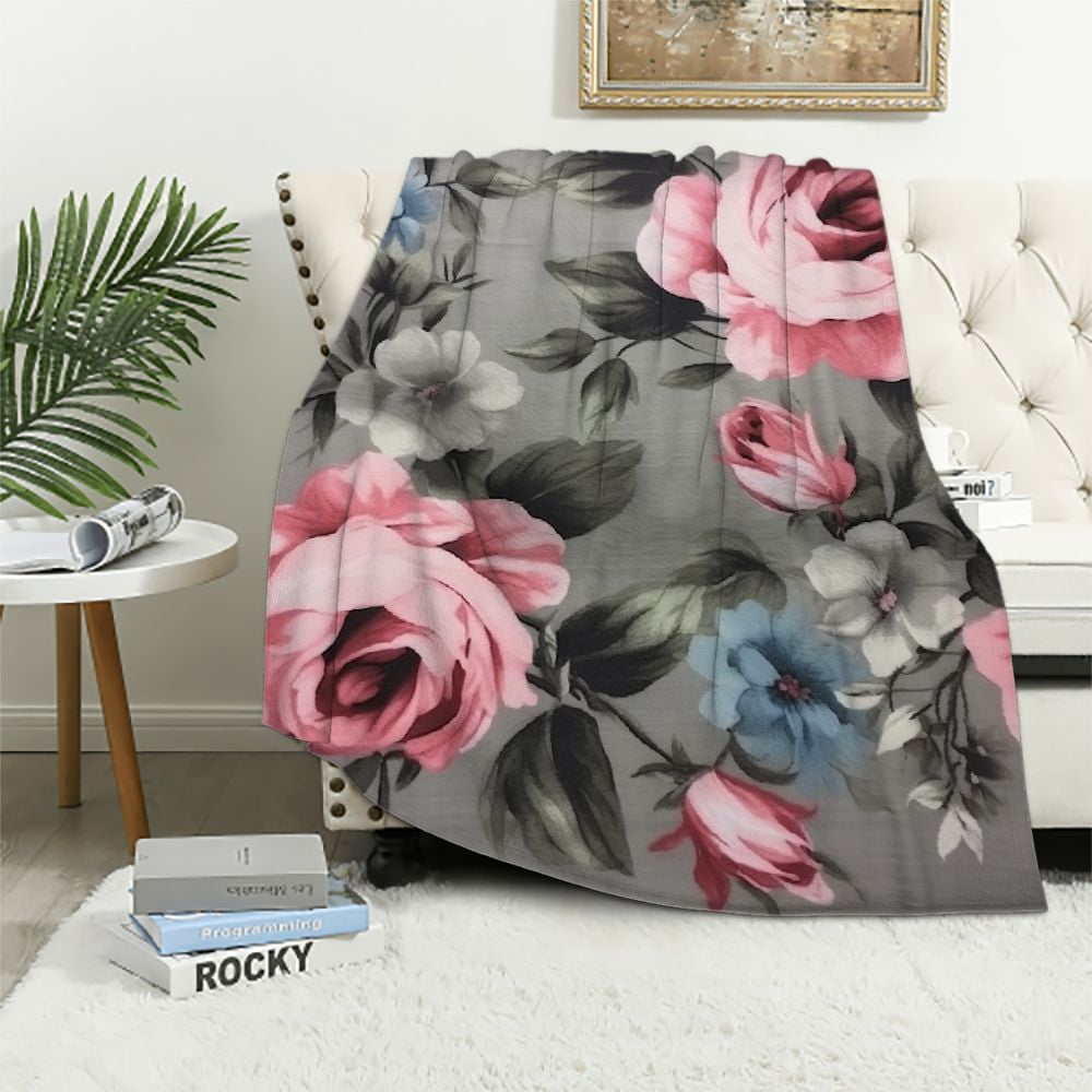 HENGT Floral Throw Blankets: Soft Plush Grey White Pink Rose Floral ...