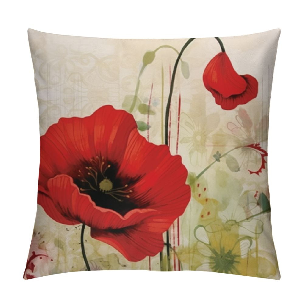 HENGT Flower Throw Pillow Cushion Cover, Red Poppy Flower Grungy Paint ...