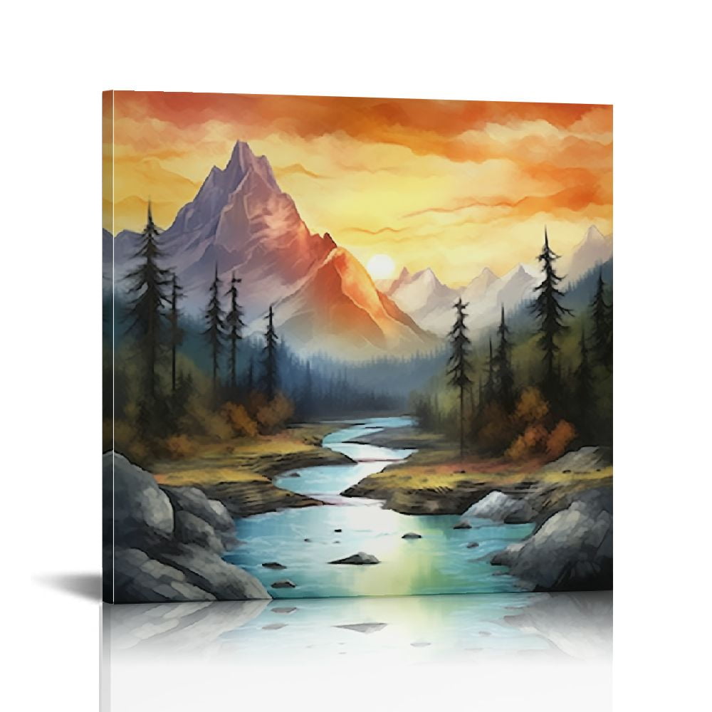 ARISTURING Forest Canvas Wall Art Watercolor Sunset Mountain Pictures ...