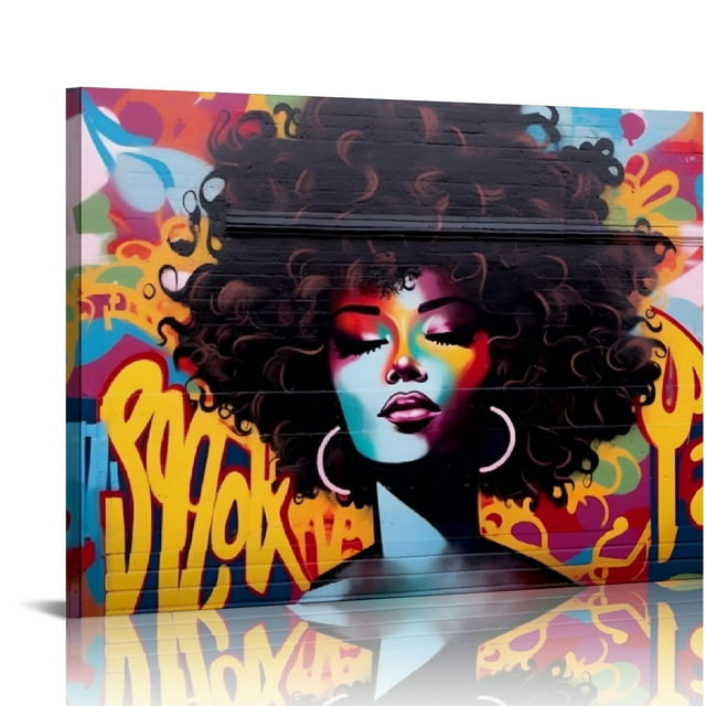 ARISTURING Framed Canvas Wall Art African American Black Girl Hello Beautiful Graffiti & Street ...