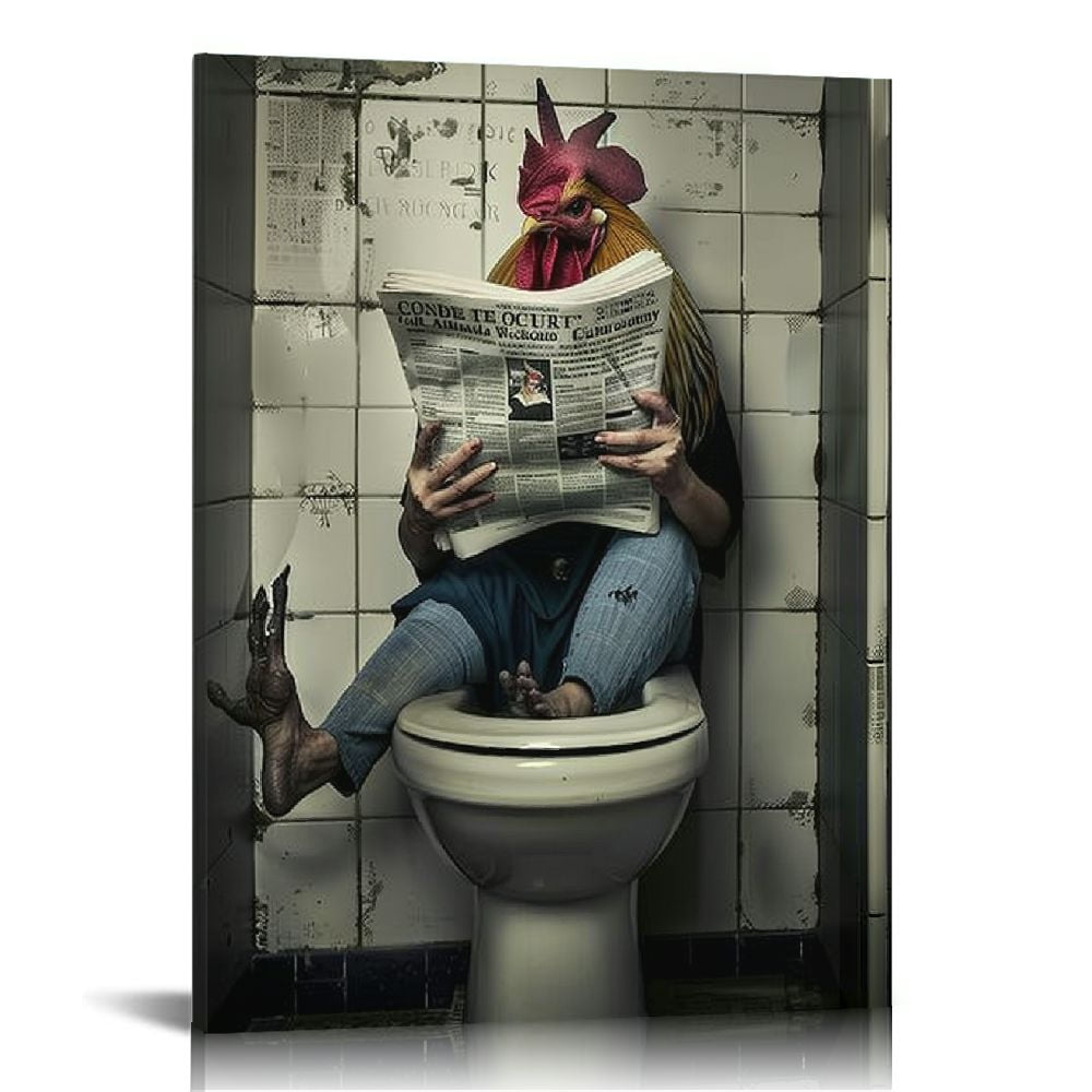 ARISTURING Fun Chicken bathroom canvas wall art Cute chicken in toilet ...