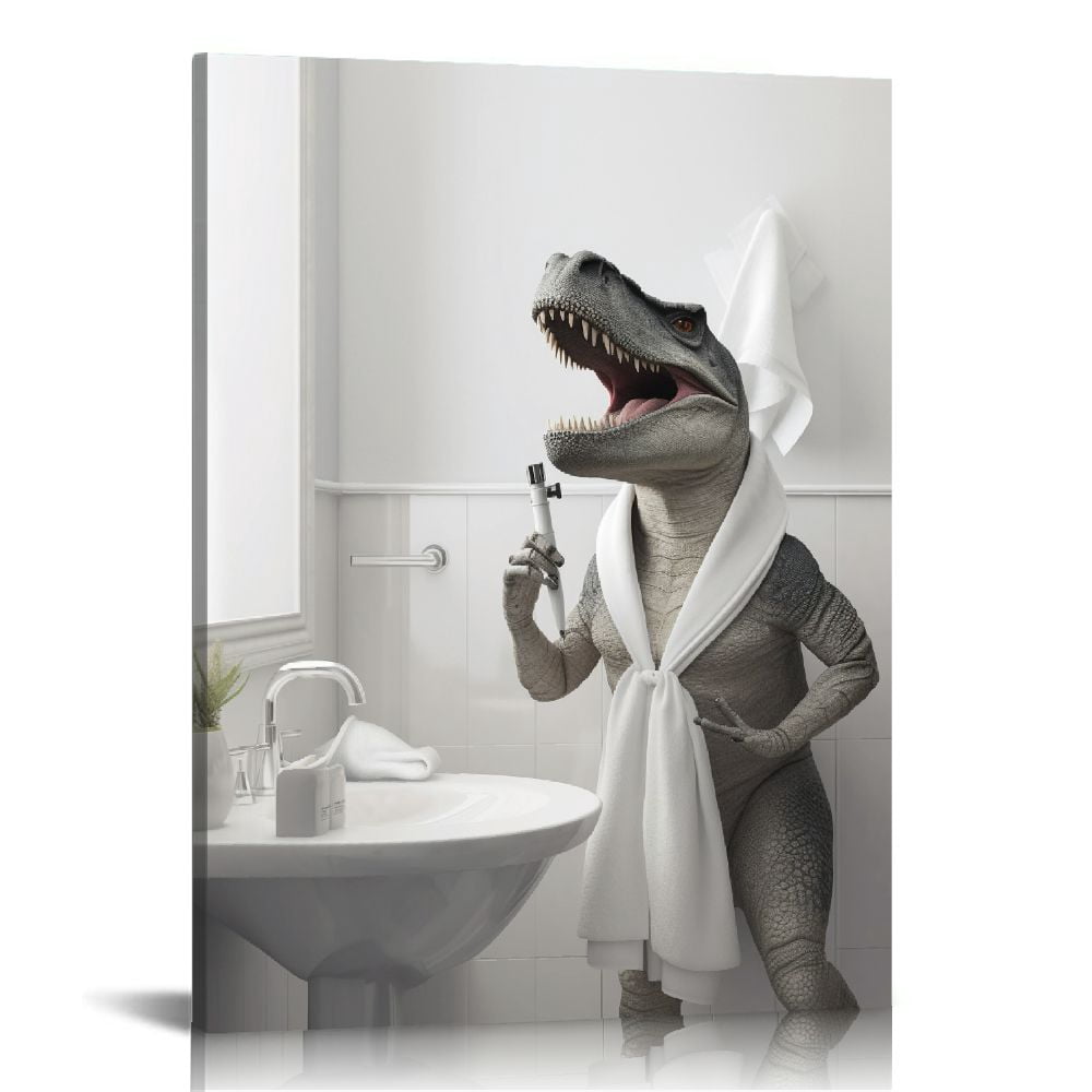 ARISTURING Funny Dinosaur Bathroom Decor Wall Art Black And White ...