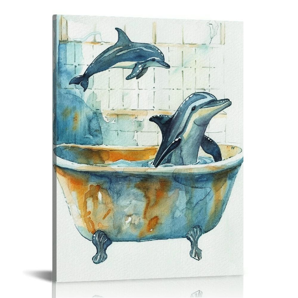 ARISTURING Funny Dolphin Bathroom Canvas Wall Art Cute Blue Watercolour ...