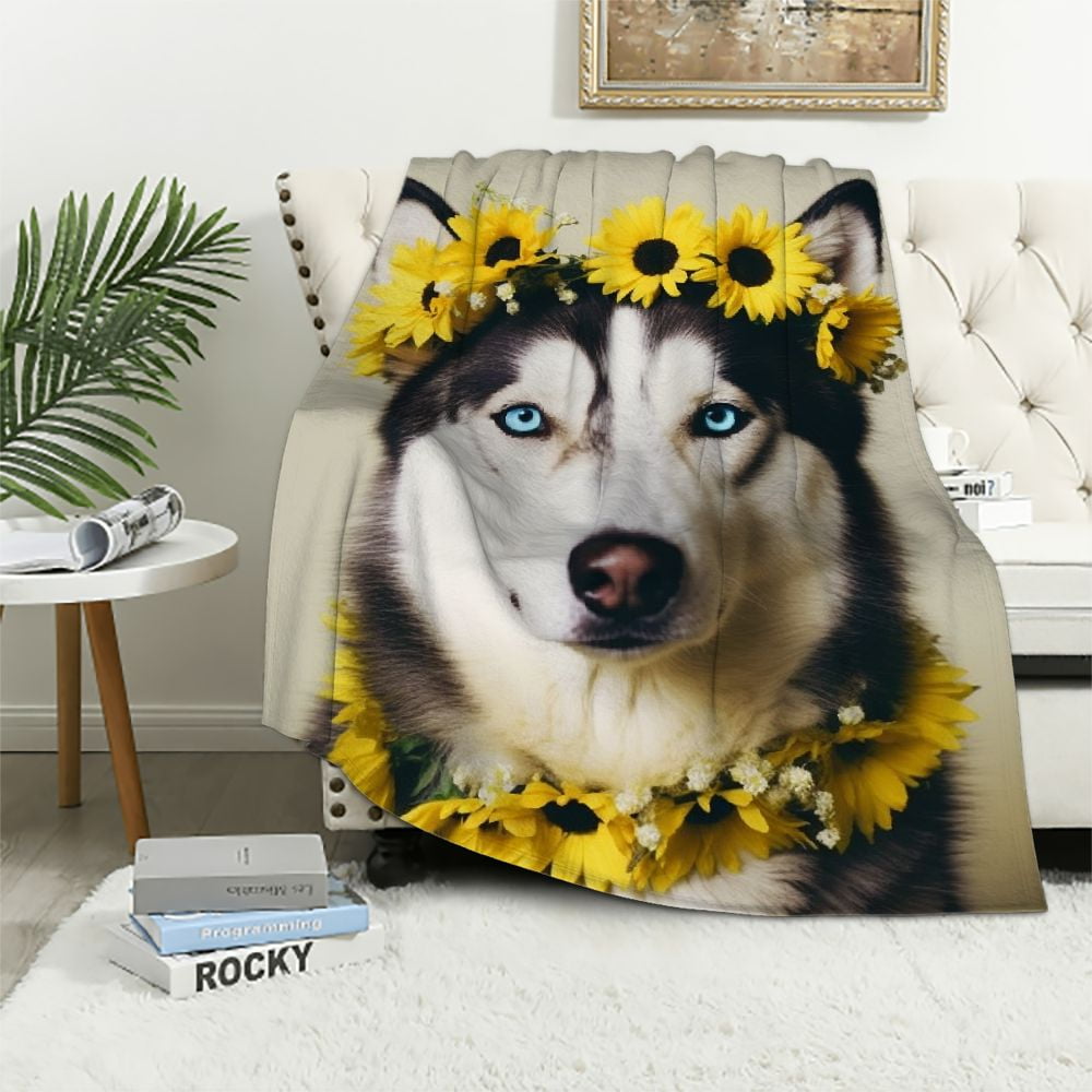 ARISTURING Funny Husky Dog with Flower Throw Blanket Warm Ultra-Soft ...