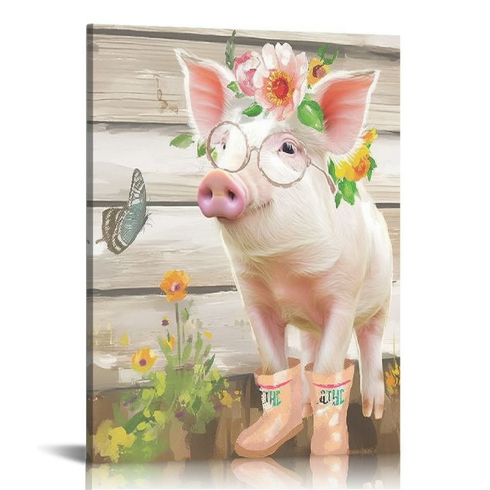 ARISTURING Funny Piggy and Pink Butterfly Pig Pictures Wall Art ...