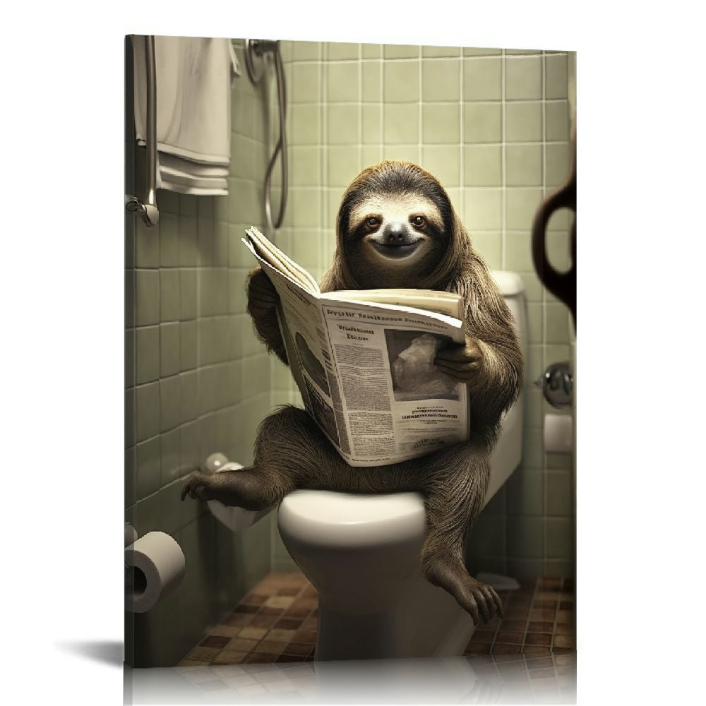 ARISTURING Funny Sloth Bathroom Canvas Wall Art Cute Sloth In Toilet ...