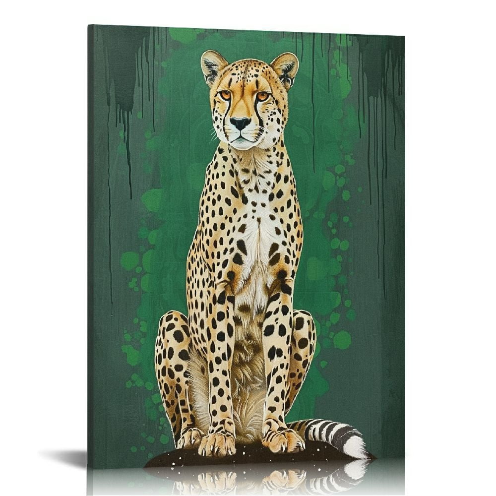 ARISTURING Funny Yellow Cheetah Green Background Canvas Painting Framed ...