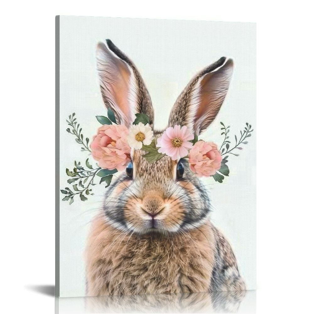 ARISTURING Girls Nursery Wall Art Bunny Rabbit with Pink Flower Crown ...