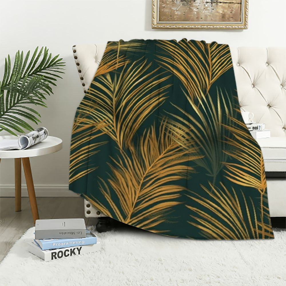 HENGT Golden Tropical Leaves Blanket Abstract Palm Leaf Line Art Green ...