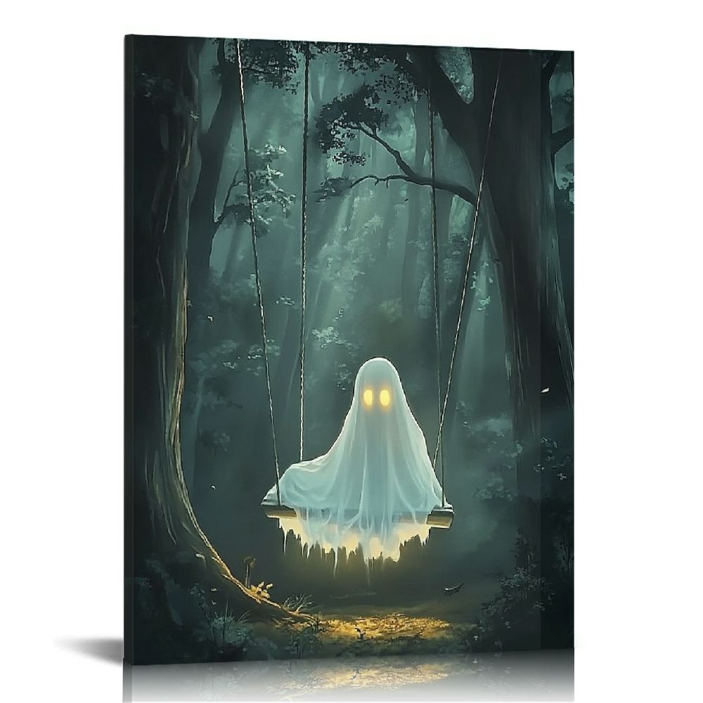 ARISTURING Halloween Wall Canvas Art, Ghost On Swinging Among Forest ...
