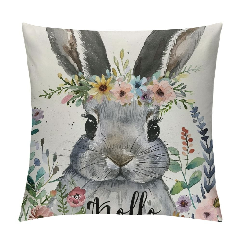 ARISTURING Happy Easter Pillow Covers, Floral Rabbit Bunny Hello Peeps ...