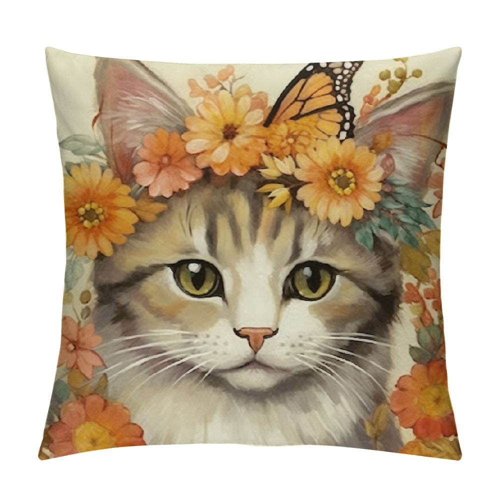 HENGT Happy Fall Hello Pumpkin Cat Decorative Throw Pillow Cover ...