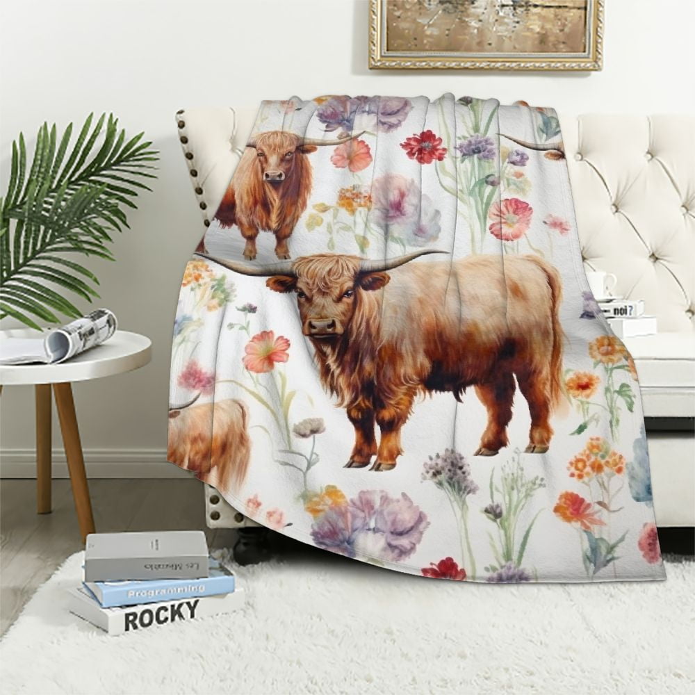 HENGT Highland Cow Throw Blanket Gift for Girls Boys Flower Blanket ...
