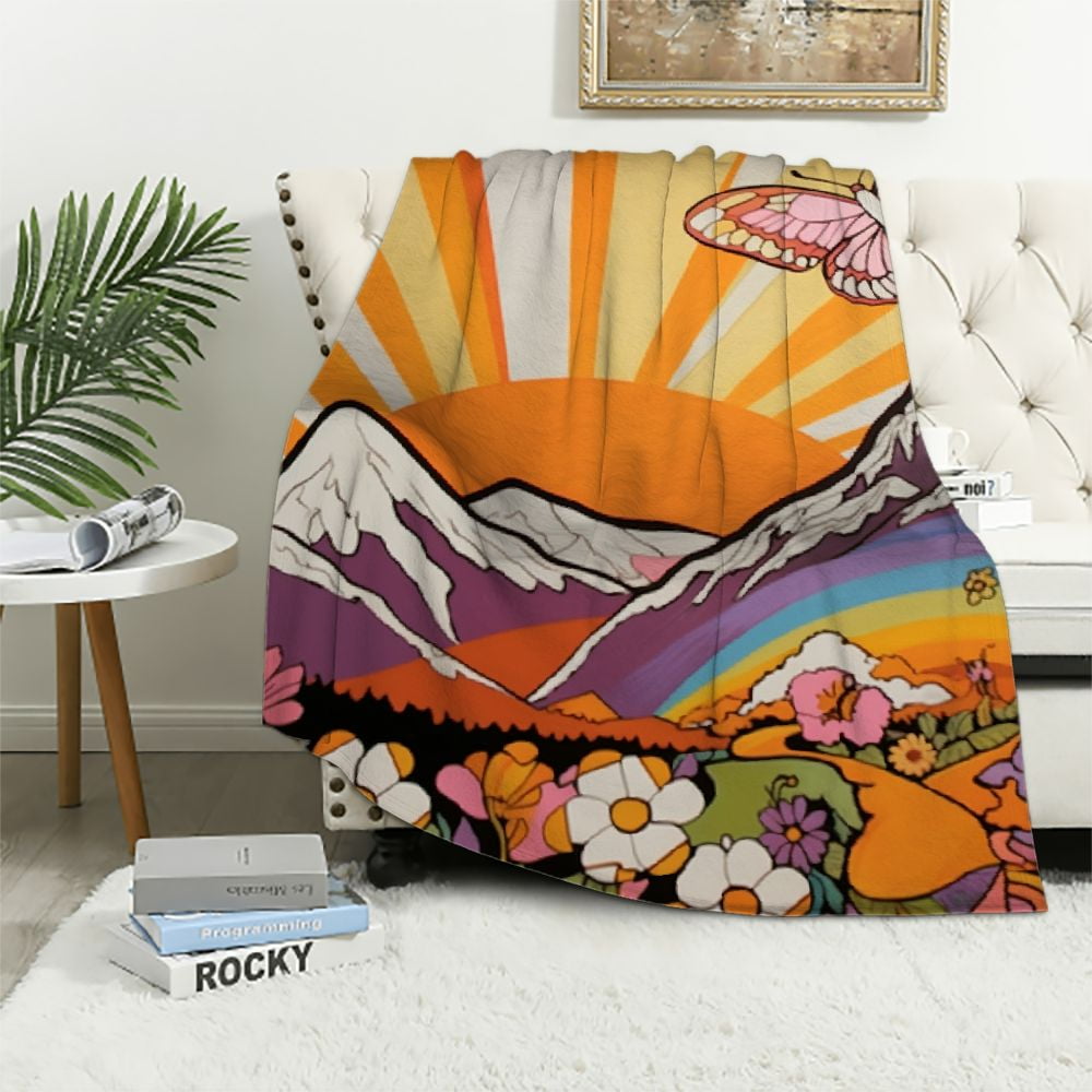 ARISTURING Hippie Cartoon Plush Blanket,70s Scenery Bed Blanket Home ...