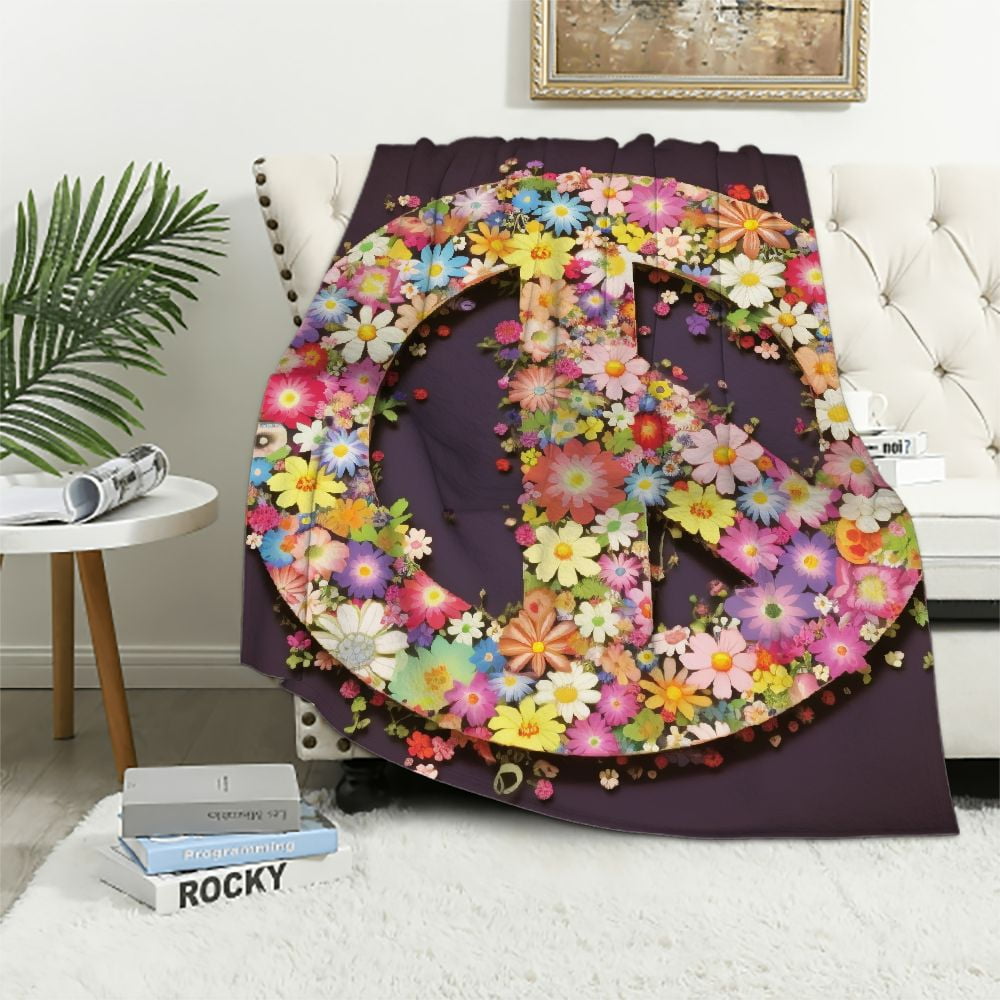 HENGT Hippies Peace Symbol with Flowers Throw Blanket Ultra Soft Cozy ...