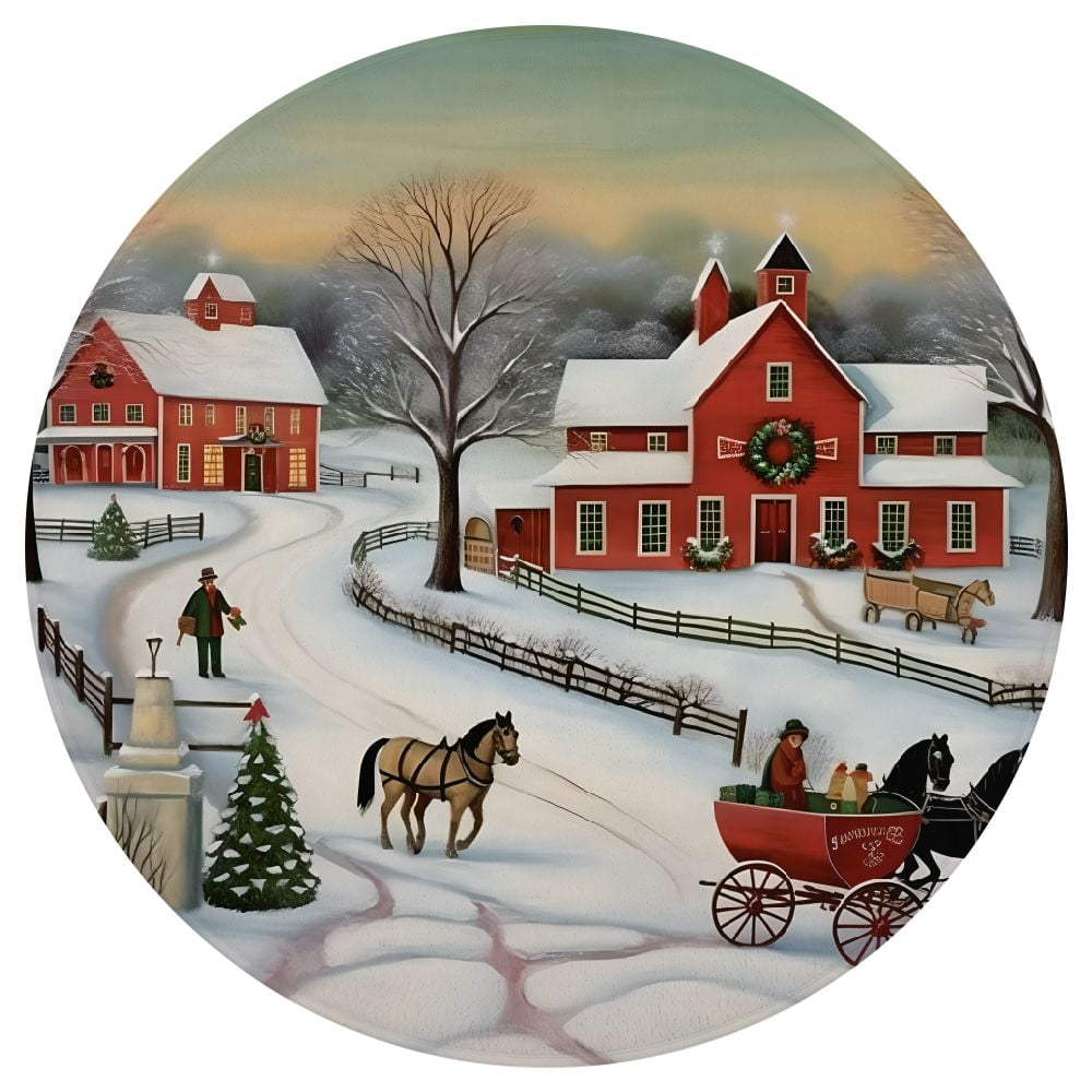 ARISTURING Horse Sleigh Red Barn Flannel Round Doormat Floor Mats Christmas Theme 47x47in ...