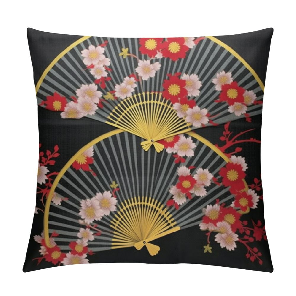 ARISTURING Japanese Fan Throw Pillow Cover Cherry Blossom Branch Asia ...