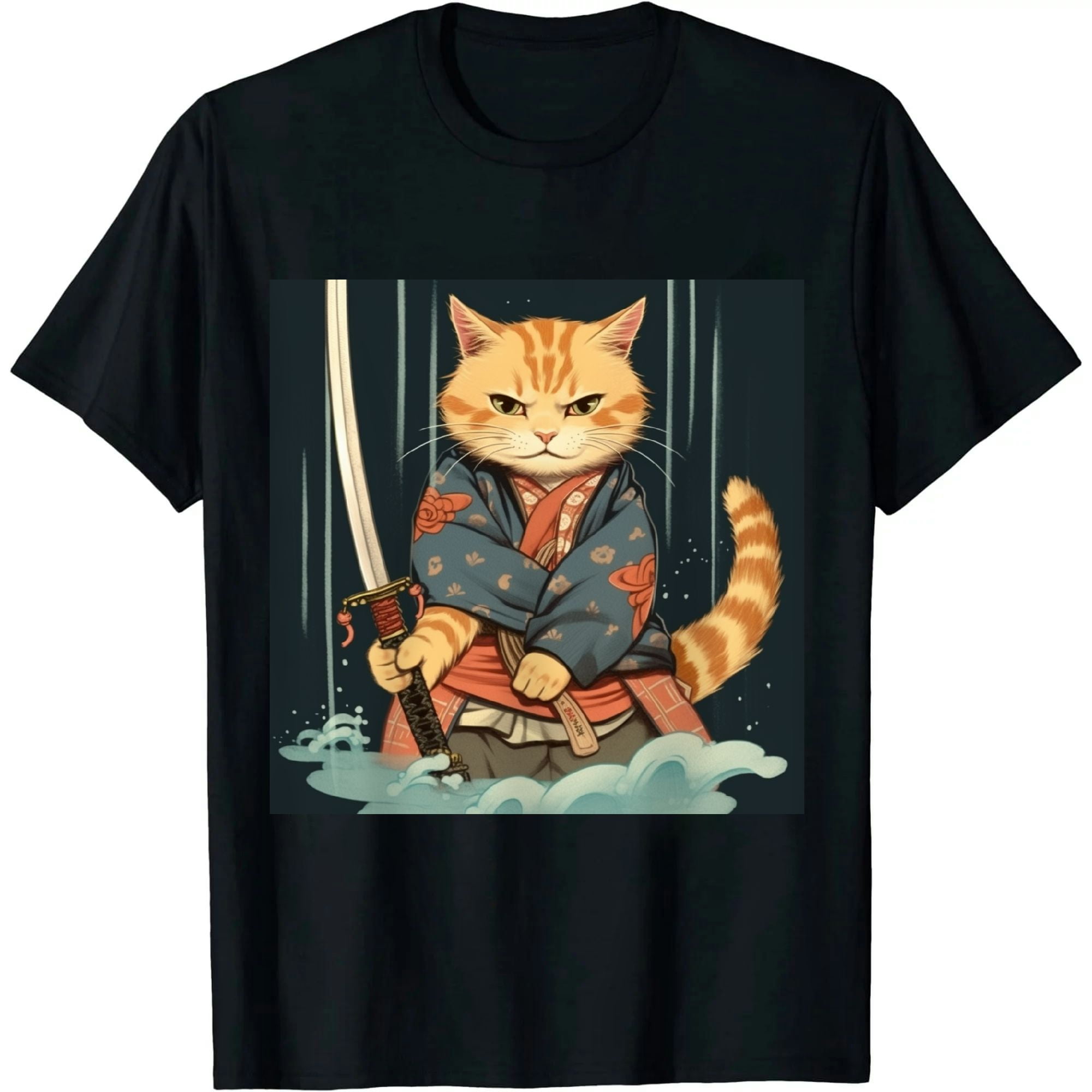 ARISTURING Japanese Samurai Ninja Cat Kawaii Tattoo Graphic T-Shirt ...