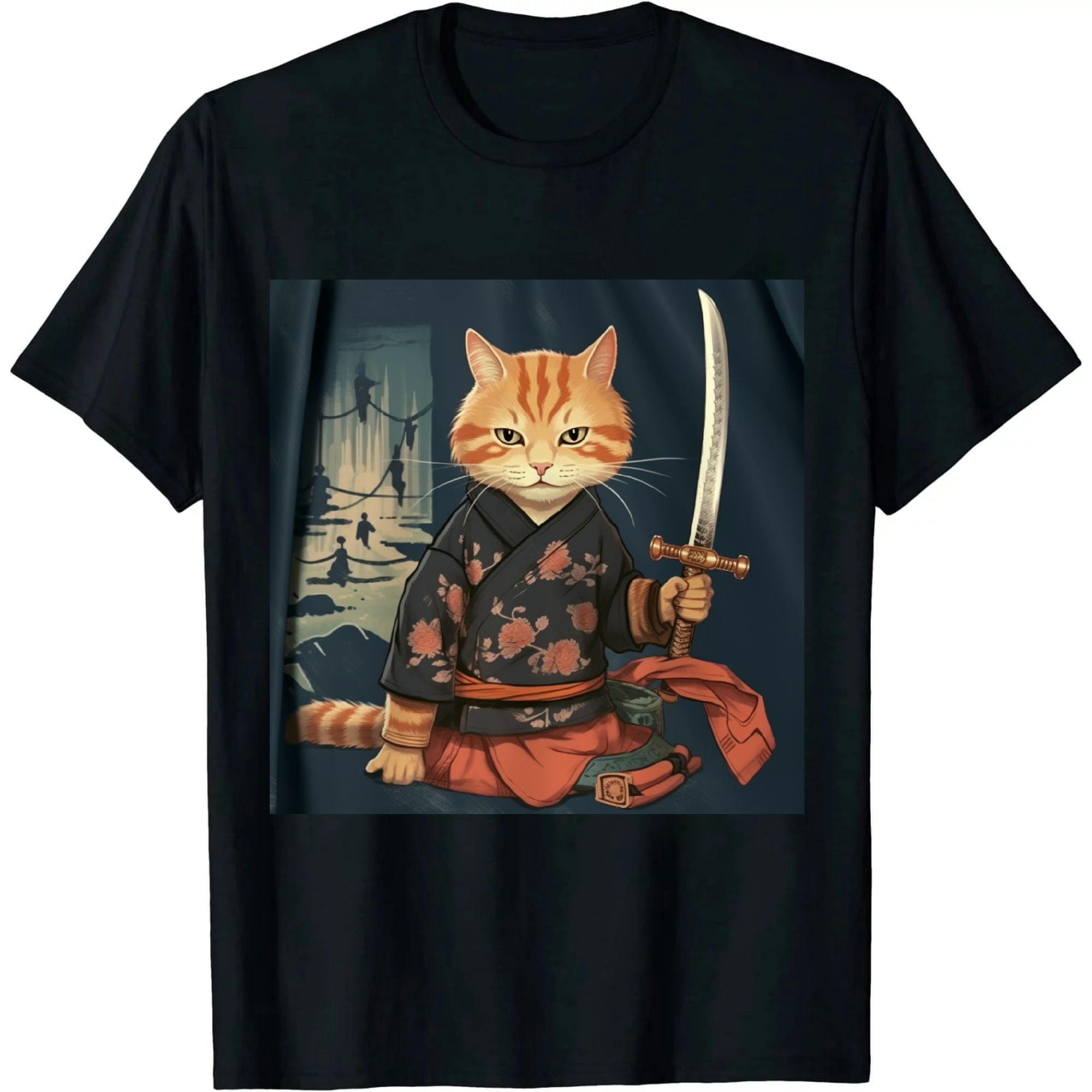 ARISTURING Japanese Samurai Ninja Cat Kawaii Tattoo Graphic T-Shirt ...