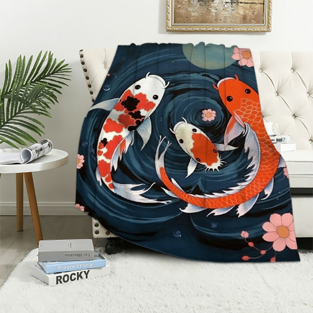 ARISTURING Koi Fish Bed Blanket,Japanese Peach Blossom Sea Life Throw ...