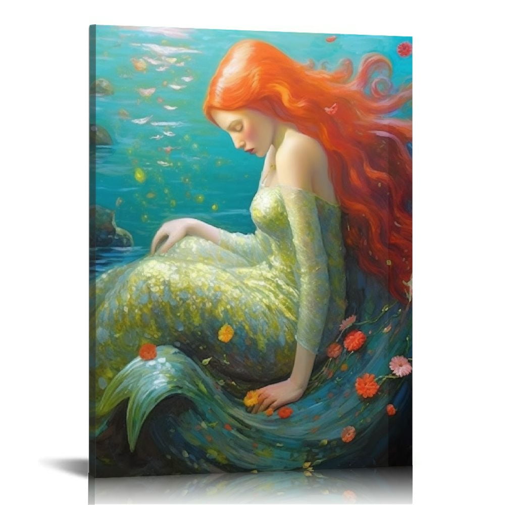 ARISTURING Mermaid Bathroom Decor Wall Art Blue Ocean Painting Mermaid ...