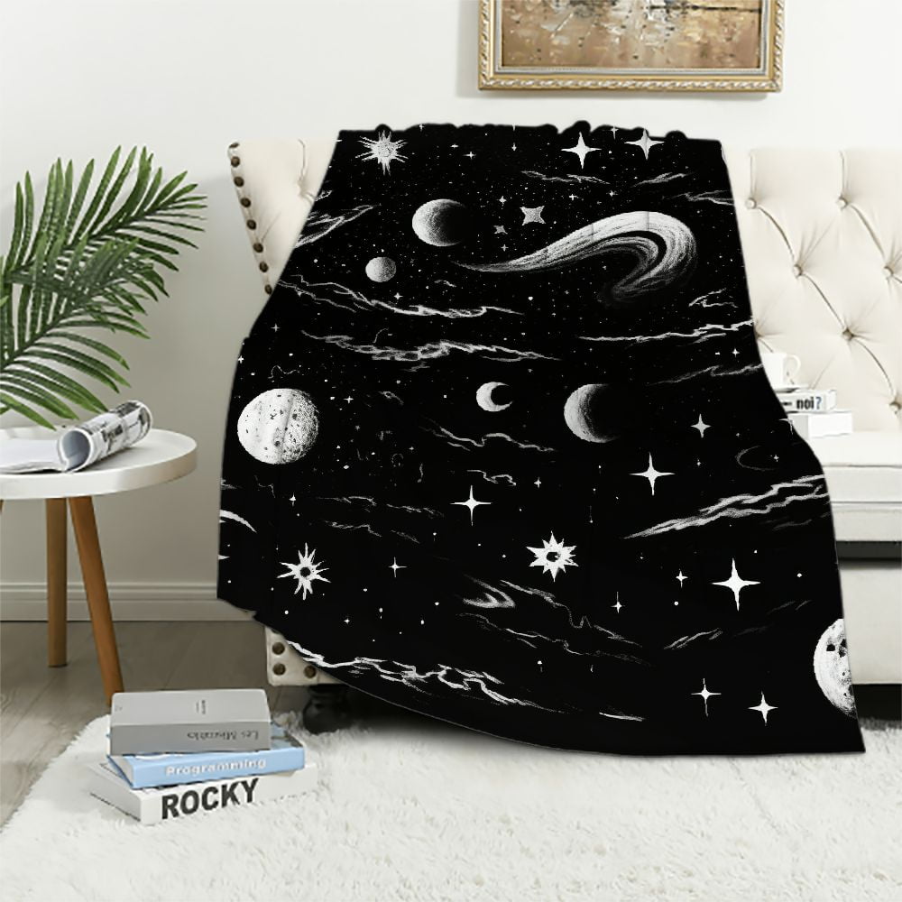 ARISTURING Moon and Stars Throw Blanket, Moon and Stars Blanket Black ...
