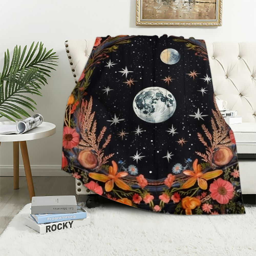 ARISTURING Moonlit Garden Throw Blanket, Moon Phase Surrounde Black ...