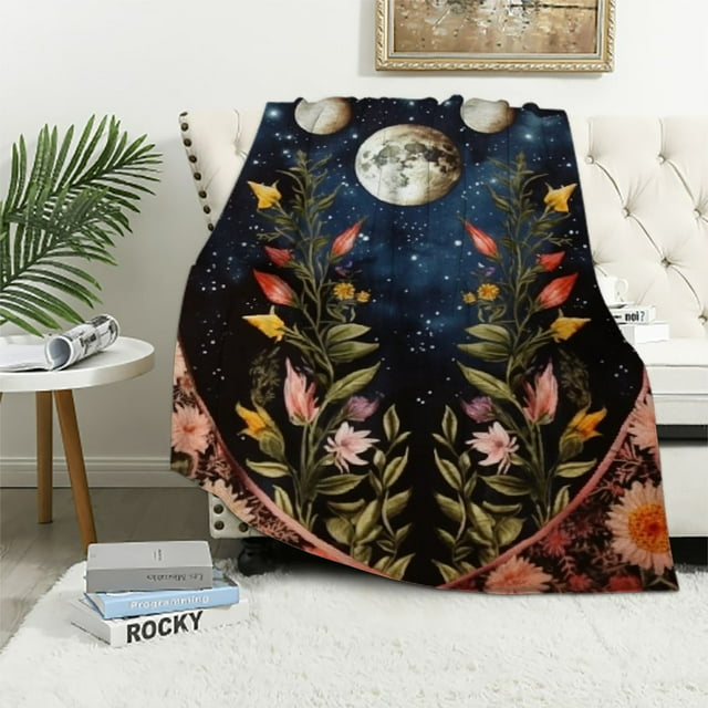 ARISTURING Moonlit Garden Throw Blanket, Moon Phase Surrounded by Vines ...