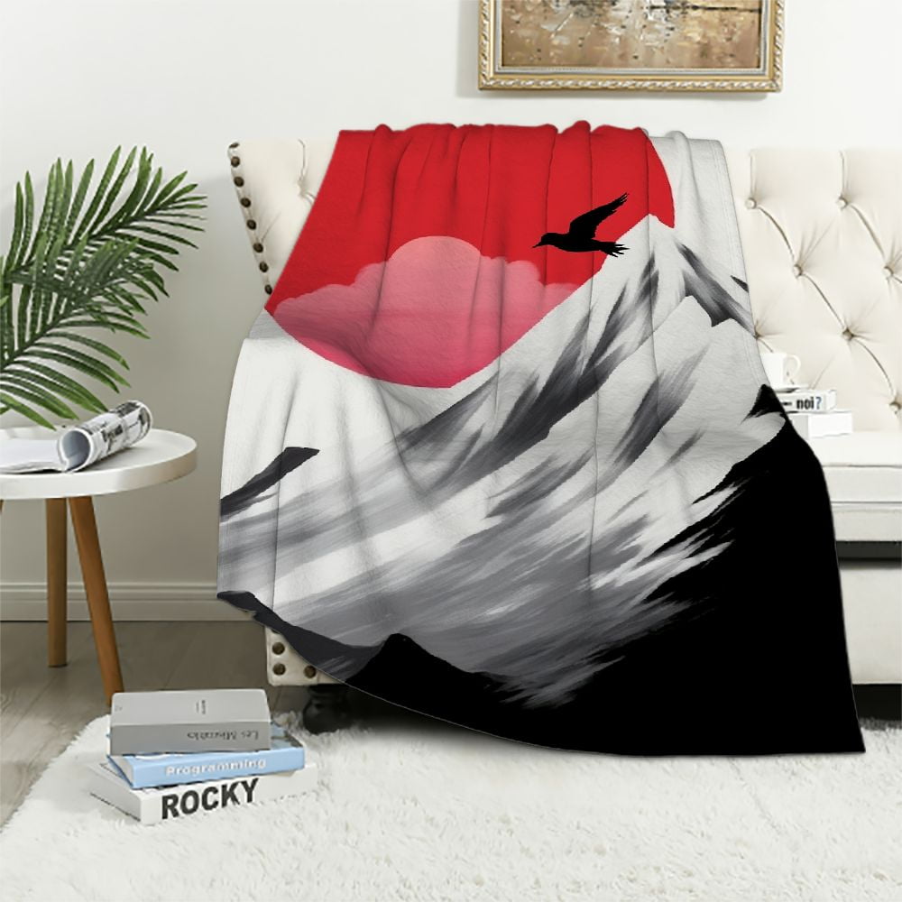 ARISTURING Mount Fuji Blanket Throw, Mountain Cherry Branches Red Sun ...