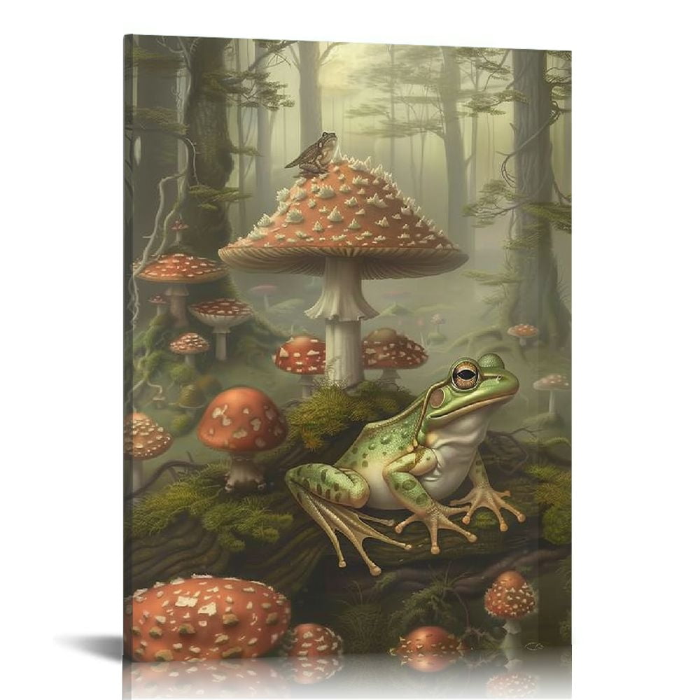 ARISTURING Mushroom Frog Poster Retro Frog Wall Decor Cartoon Mushrooms ...