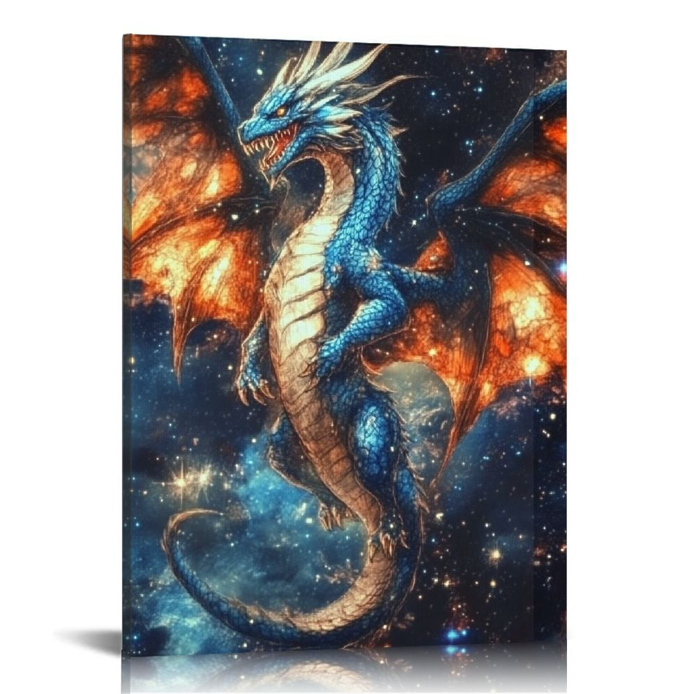 ARISTURING Mystic Blue Dragon Canvas Wall Art, Blue with Orange Fantasy ...