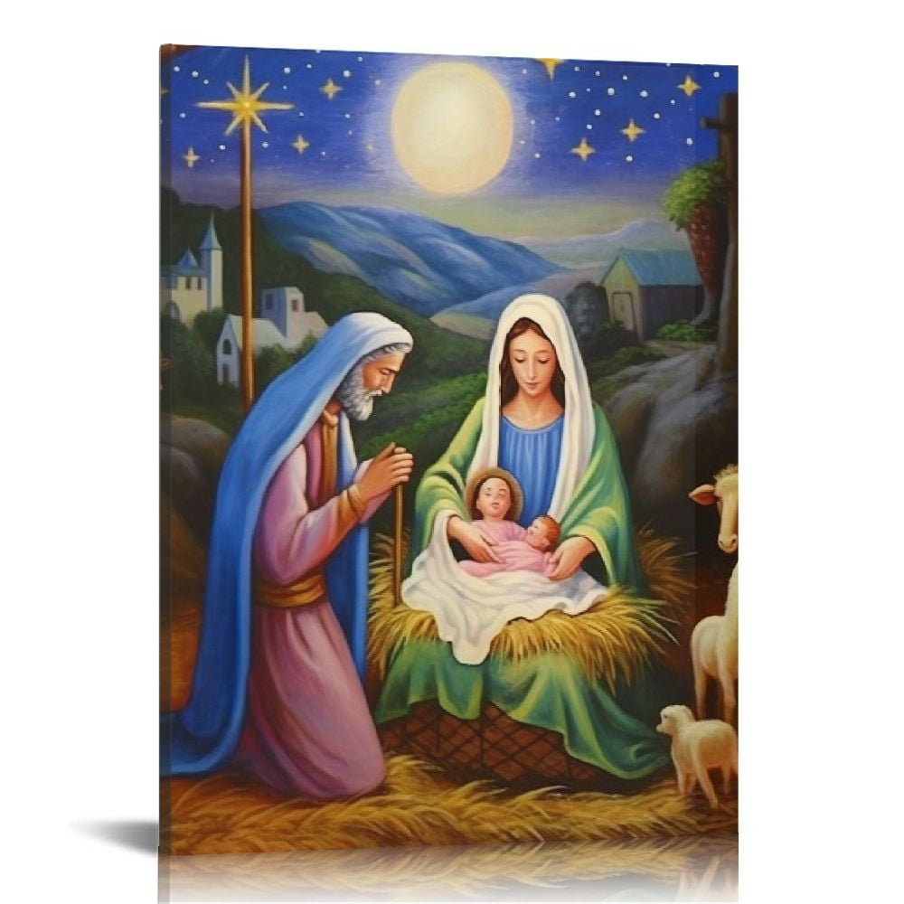ARISTURING Nativity Canvas Wall Art - Light Up Religious Picture Mary ...