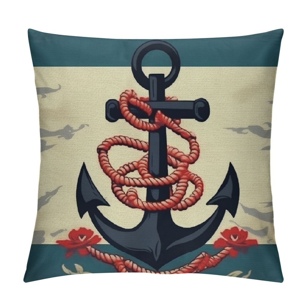 ARISTURING Navy Blue Nautical Ocean Boat Anchor Throw Pillow Covers ...