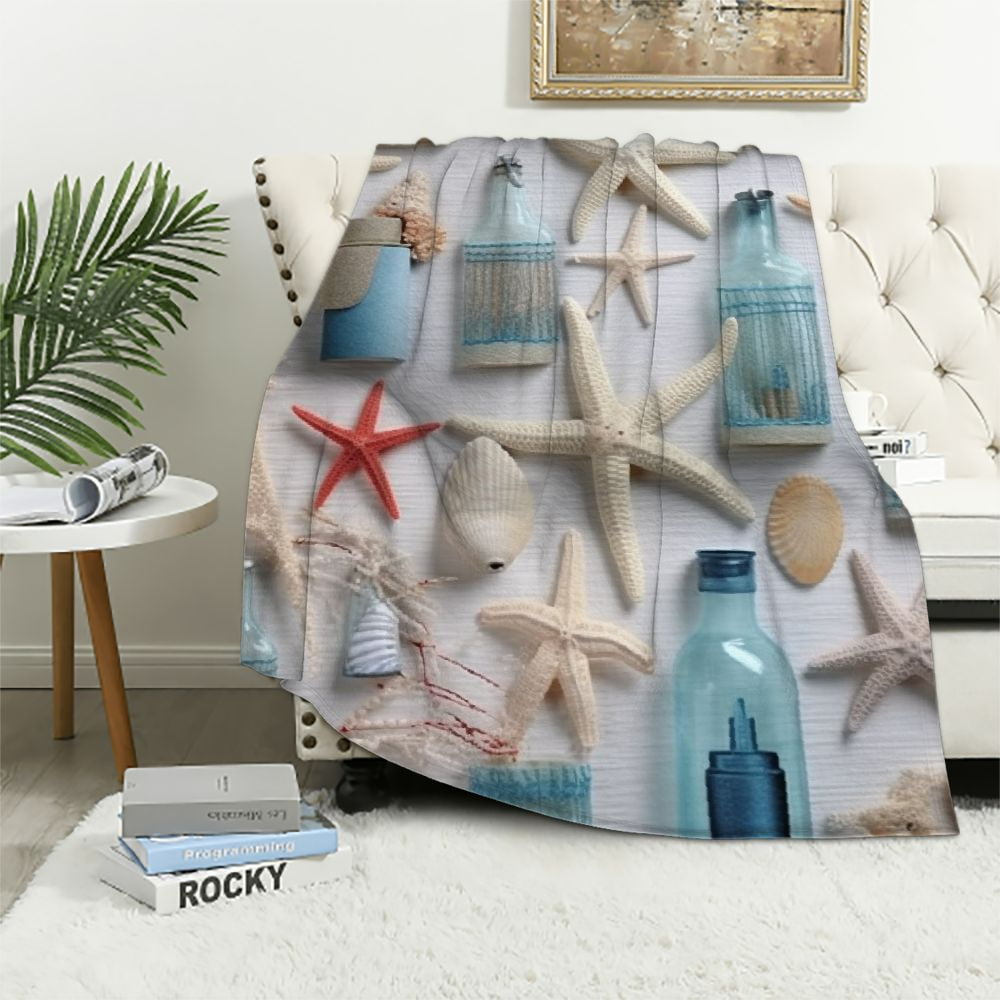 ARISTURING Ocean Beach Blanket Lighthouse Starfish Shell Wishing Bottle ...