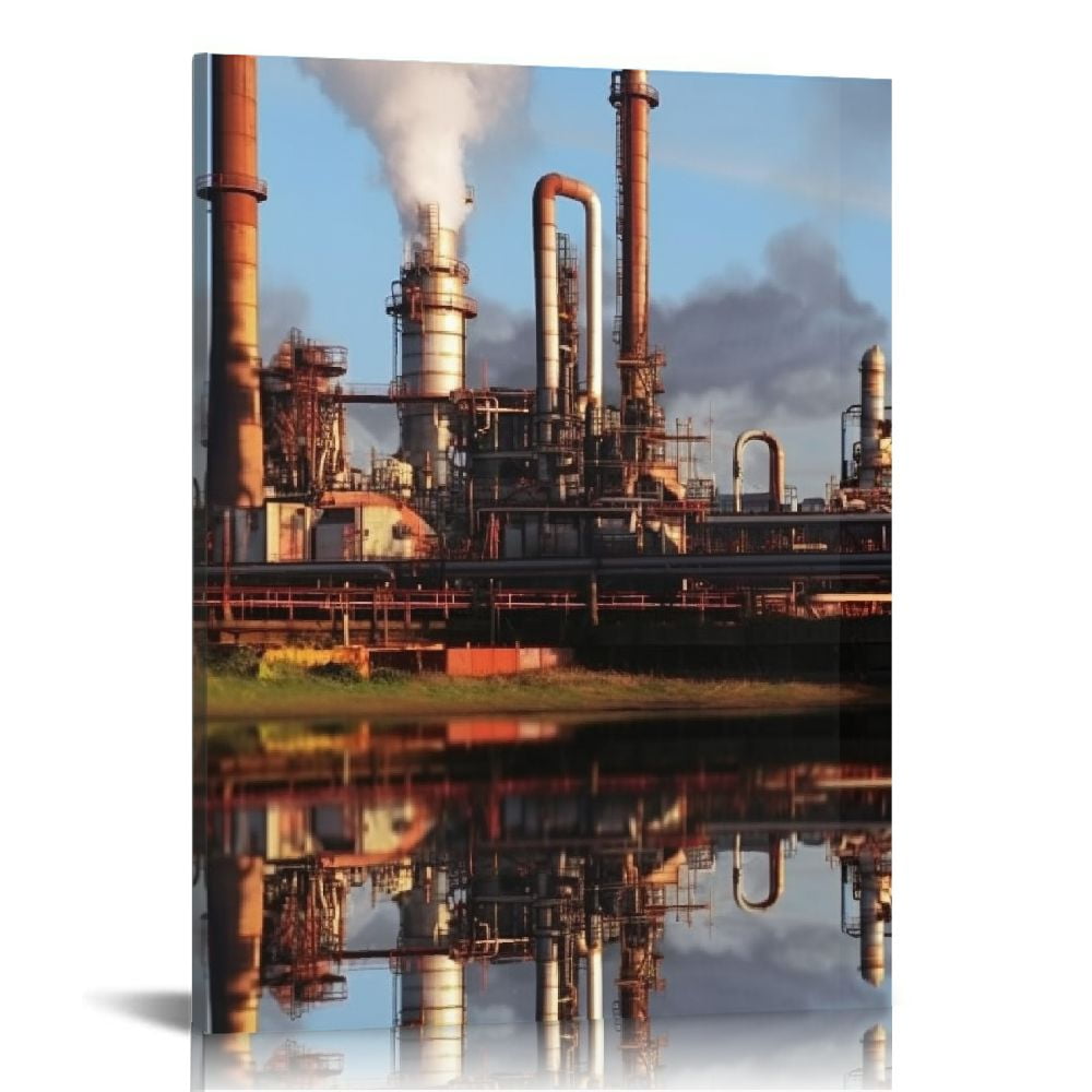 ARISTURING Oil refinery reflection petrochemical plant factory Canvas Wall Art Vertical Decor ...